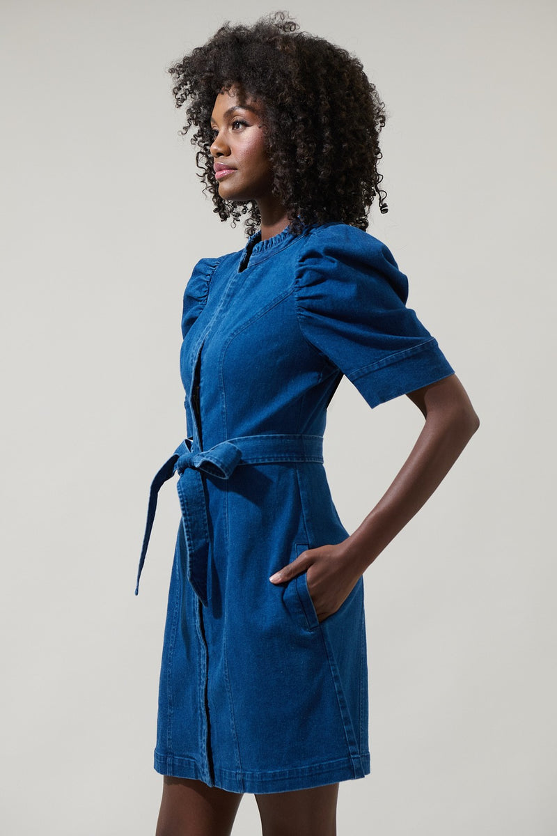 Jamie Denim Puff Sleeve Belted Mini Dress – Bora Bora Swimwear